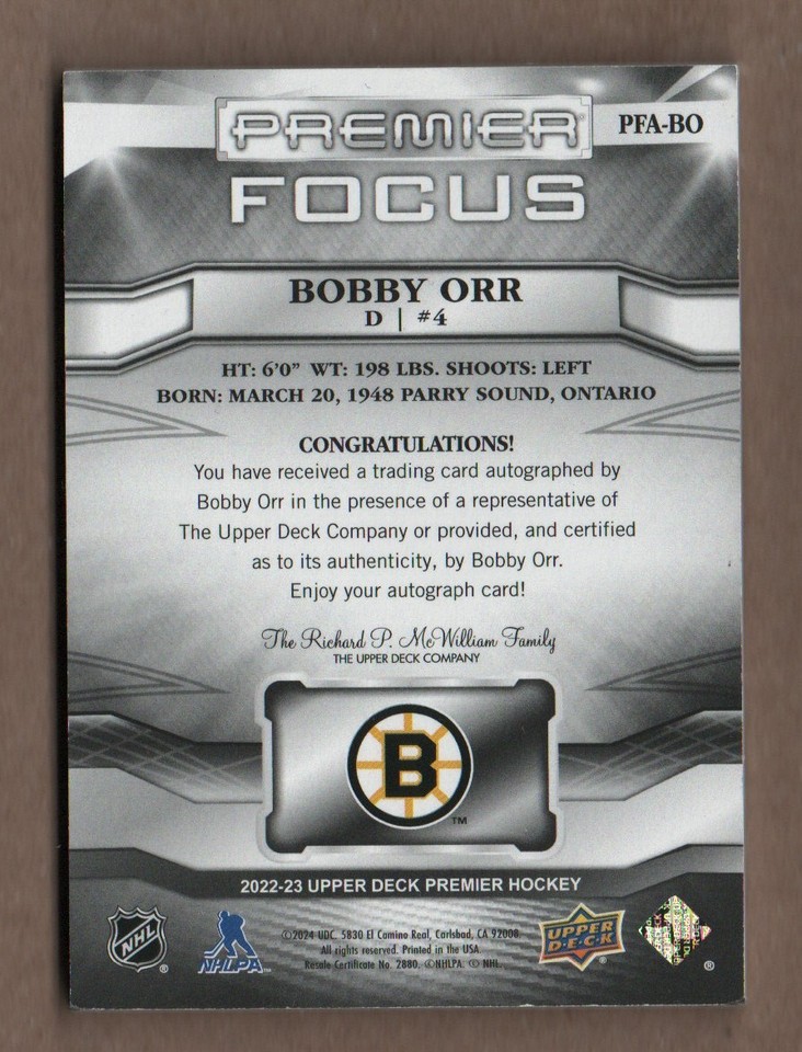 2022-23 UD PREMIER FOCUS AUTOGRAPH, **BOBBY ORR**, BOSTON BRUINS, 18/49. | eBay