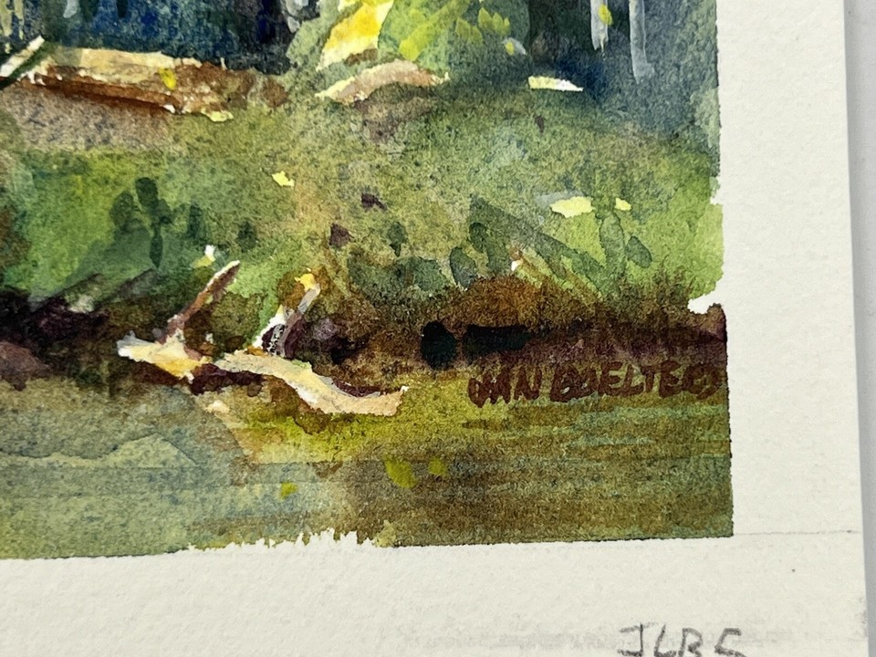Pond Plants & Trees Impressionist Watercolor Painting Jan Boelte 5x7 ...