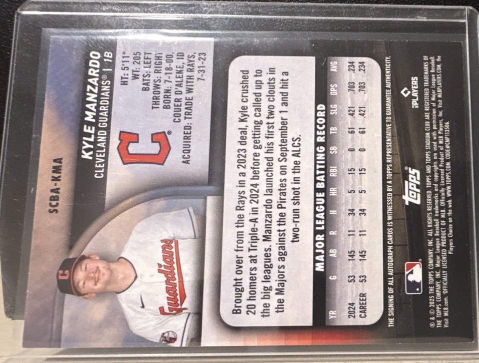 2025 Topps Stadium Club Kyle Manzardo Autograph 1/1 Cleveland Guardians ...