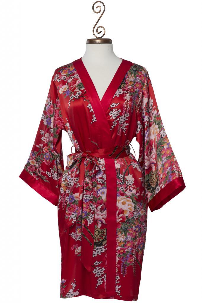 100% Silk, Women’s Short Red Robe/wrap with Kimono Collar- Imperial's ...