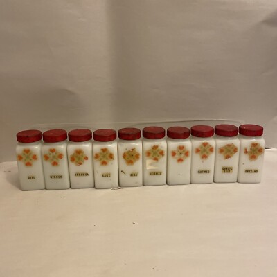 VINTAGE 10 SPICE RACK WHITE MILK GLASS RED CAPS TIN | eBay