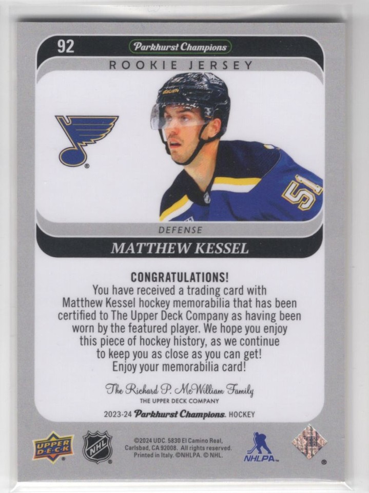 #92 Matthew Kessel 2023-24 Parkhurst Champions Jersey RC Blues | eBay