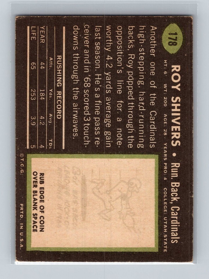 1969 Topps Football Roy Shivers #178 Cardinals | eBay