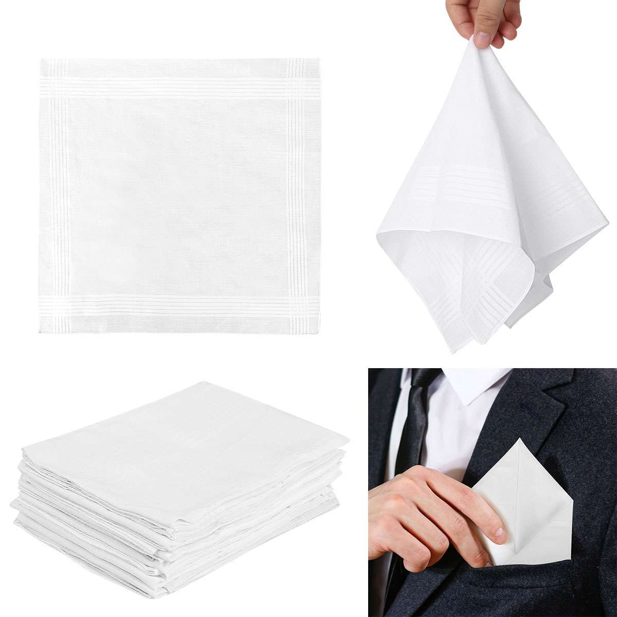 12Pack Cotton Mens Handkerchiefs White Pocket Squares Soft Hankies Bulk ...