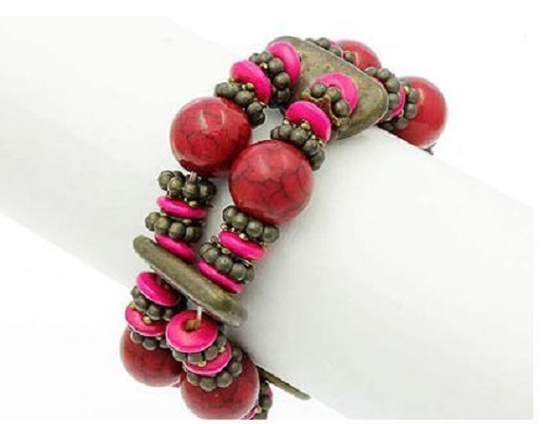 Bohemian Chunky Beaded Bracelet 2 strand Funky Red stretch | eBay