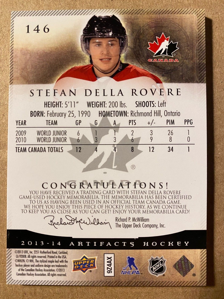 STEFAN DELLA ROVERE /75 2013-14 Upper Deck Artifacts Jerseys Patch ...