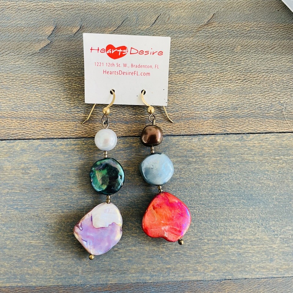 Hand Made Gemstone & Sea Stone Enamel Dangle Art Jewelry Earrings (Y8 ...