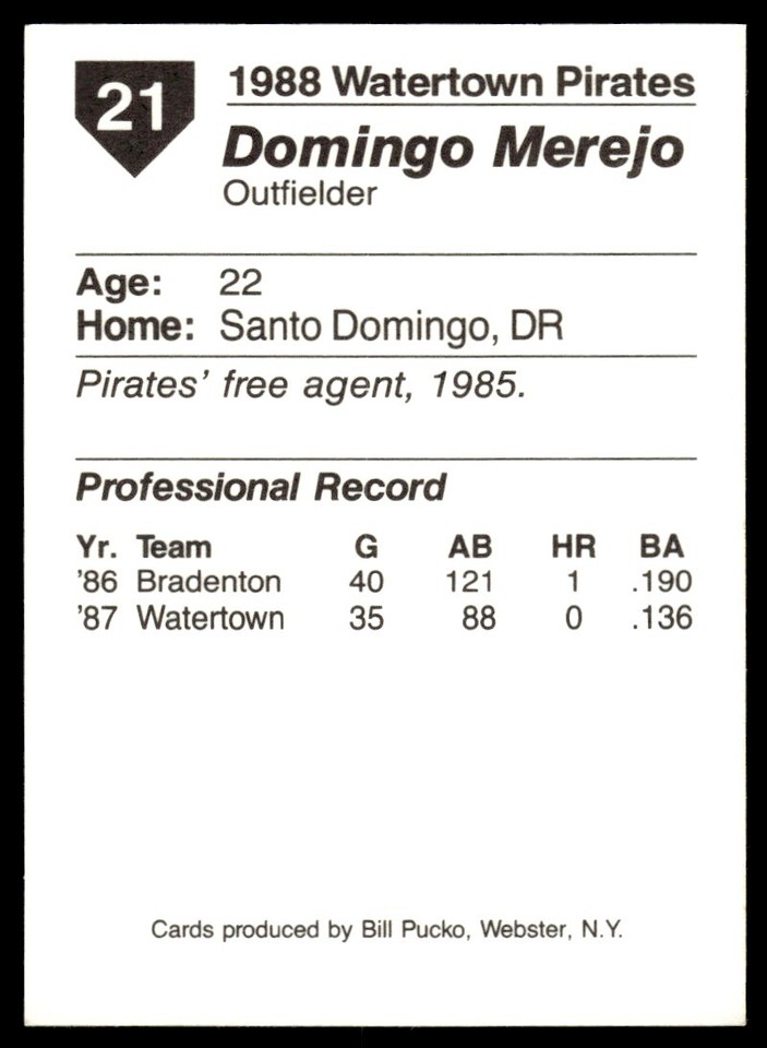 1988 Pucko Watertown Pirates Domingo Merejo Watertown Pirates #21 | eBay