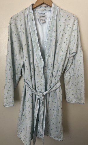 Villager Liz Claiborne Vintage Floral Robe L Blue Lace Satin Trim Belt ...