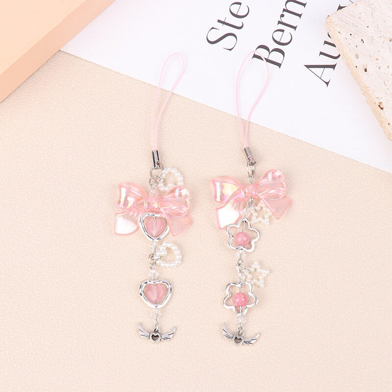 Sweet Pink Bowknot Heart Phone Chains Y2k Mobile Phone Lanyard Girl ...