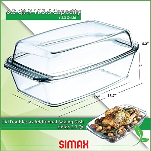 SIMAX LARGE GLASS CASSEROLE DISH OVEN SAFE COOKWARE WITH LID OBLONG ...