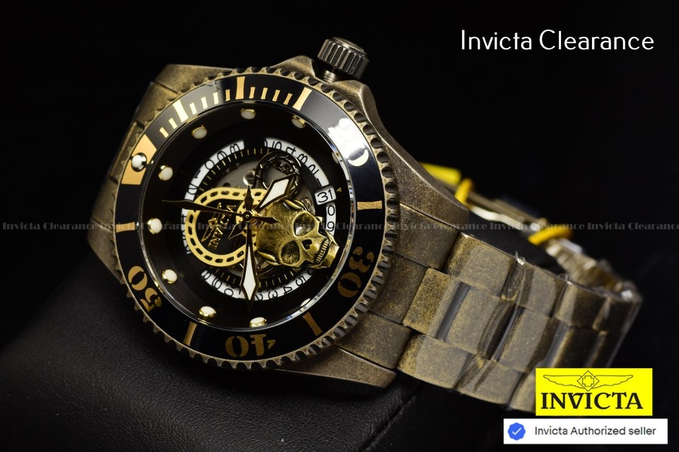 RARE Invicta Pro Diver Automatic SKULL Men's Antique Gold SS Watch ...