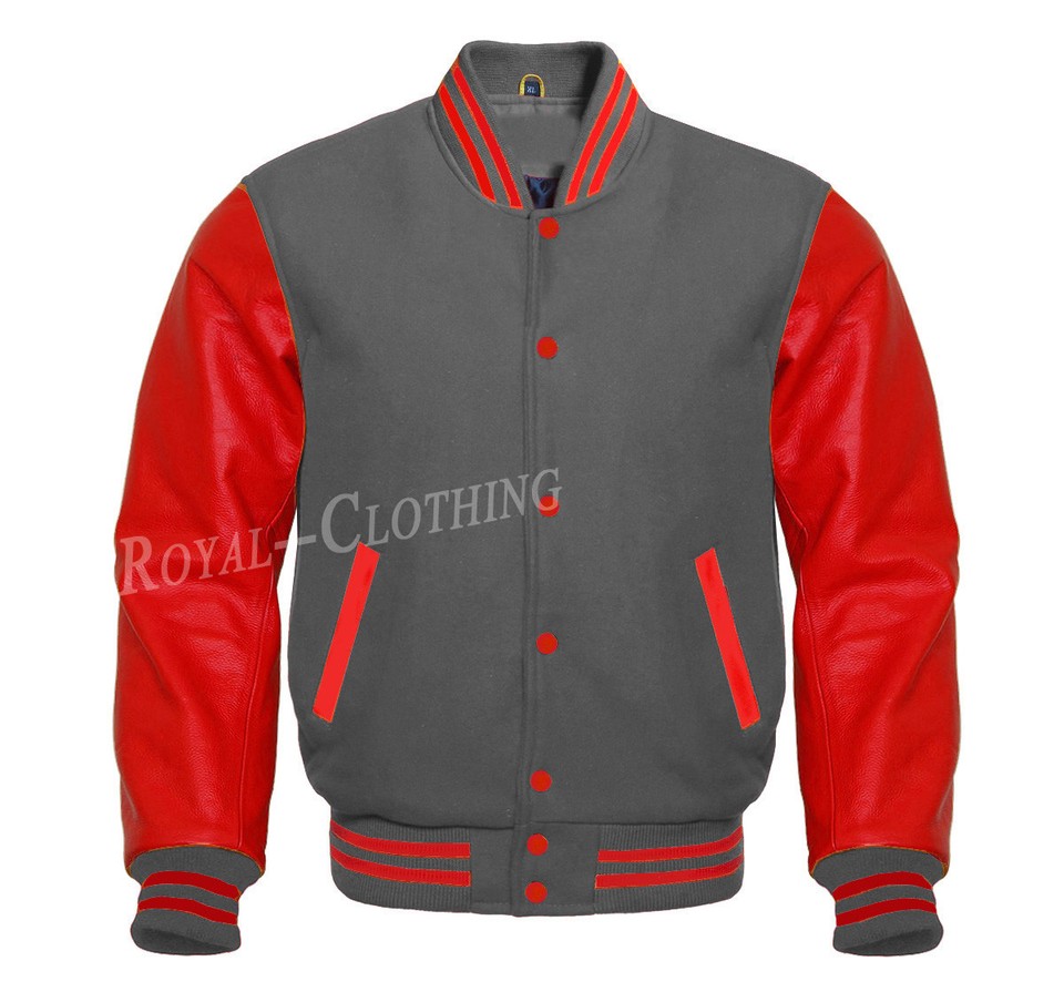 Letterman Baseball Varsity Jacket in Dark Grey Wool Genuine Red Leather ...