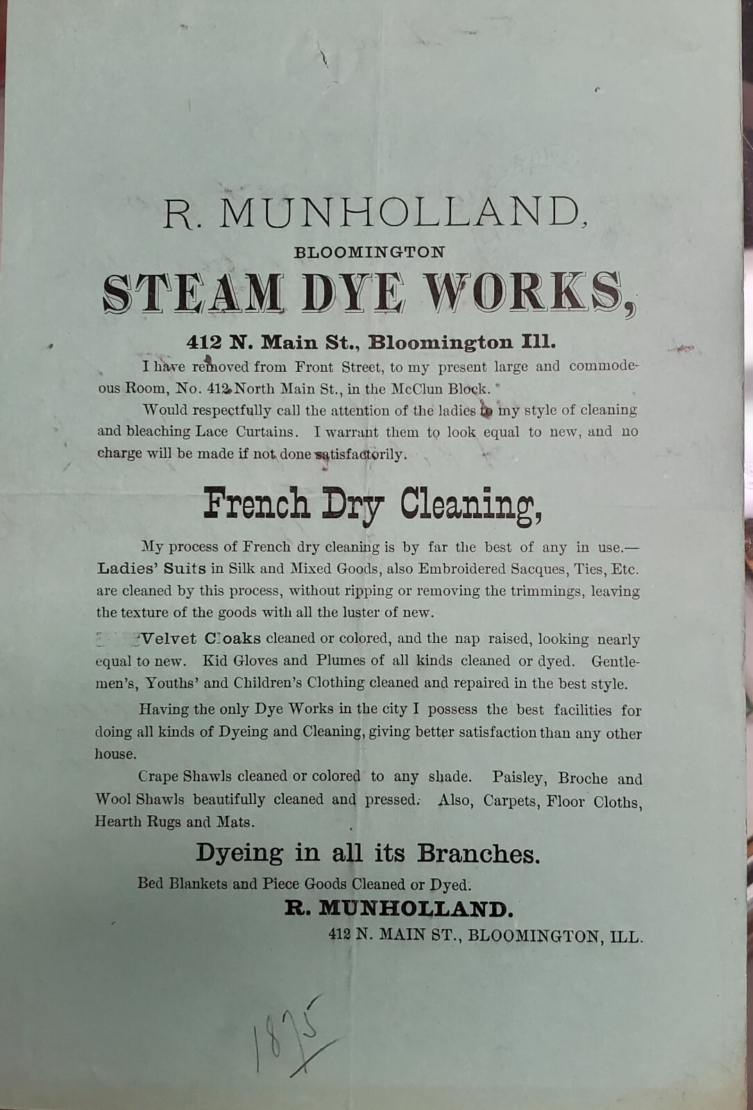 Broadside/Munholland Steam Dye Works-Bloomington, Illinois1875, Letter ...