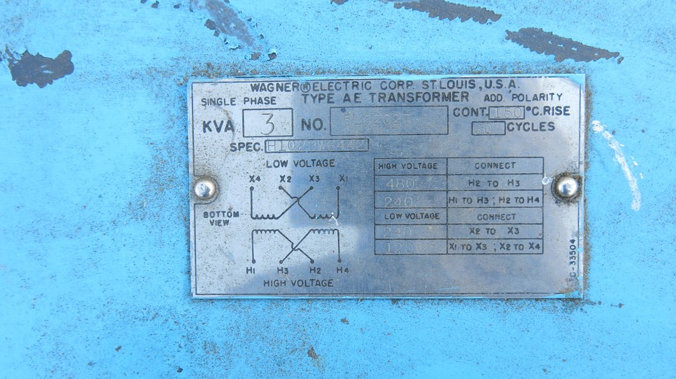 Wagner 5L02027 Transformer 3KVA 240/480x120/240 Volt 1 Phase T961 ...