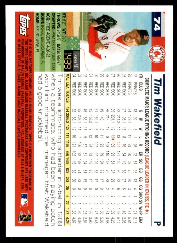 2005 Topps Tim Wakefield Baseball Cards #74 | eBay
