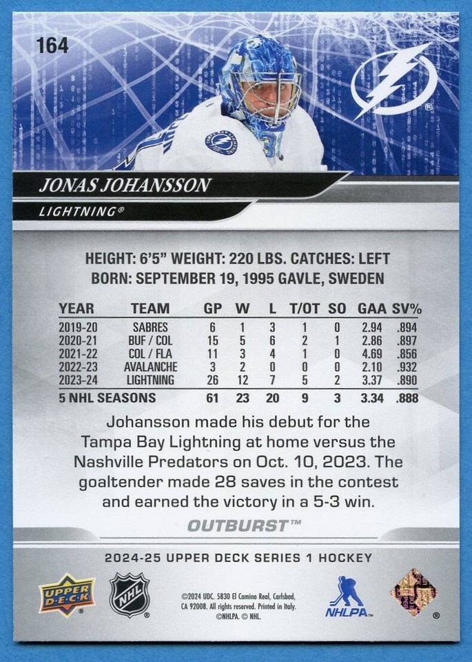 JONAS JOHANSSON 2024-25 UD OUTBURST SILVER #164 TAMPA BAY LIGHTNING | eBay