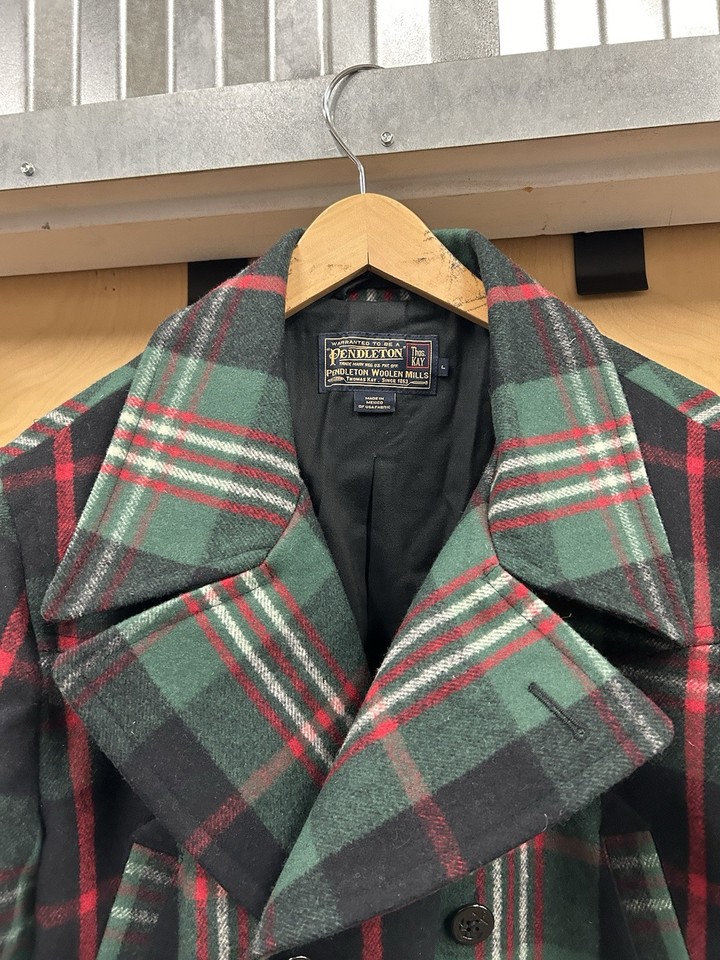 Pendleton Thomas Kay Double Breasted Plaid Wool Coat Size Large US Navy ...