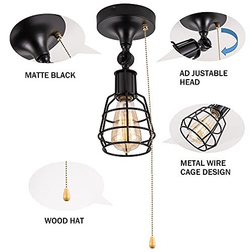 Industrial Farmhouse Close To Ceiling Light With Pull Chain 1 Light ...