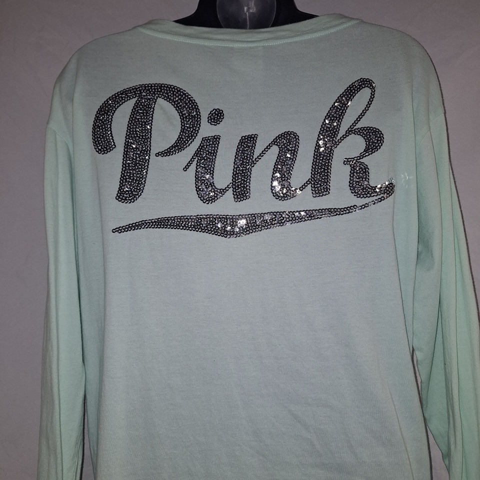 Victorias Secret Pink XS Mint Long Sleeve V-Neck Shirt Sequined Logo ...