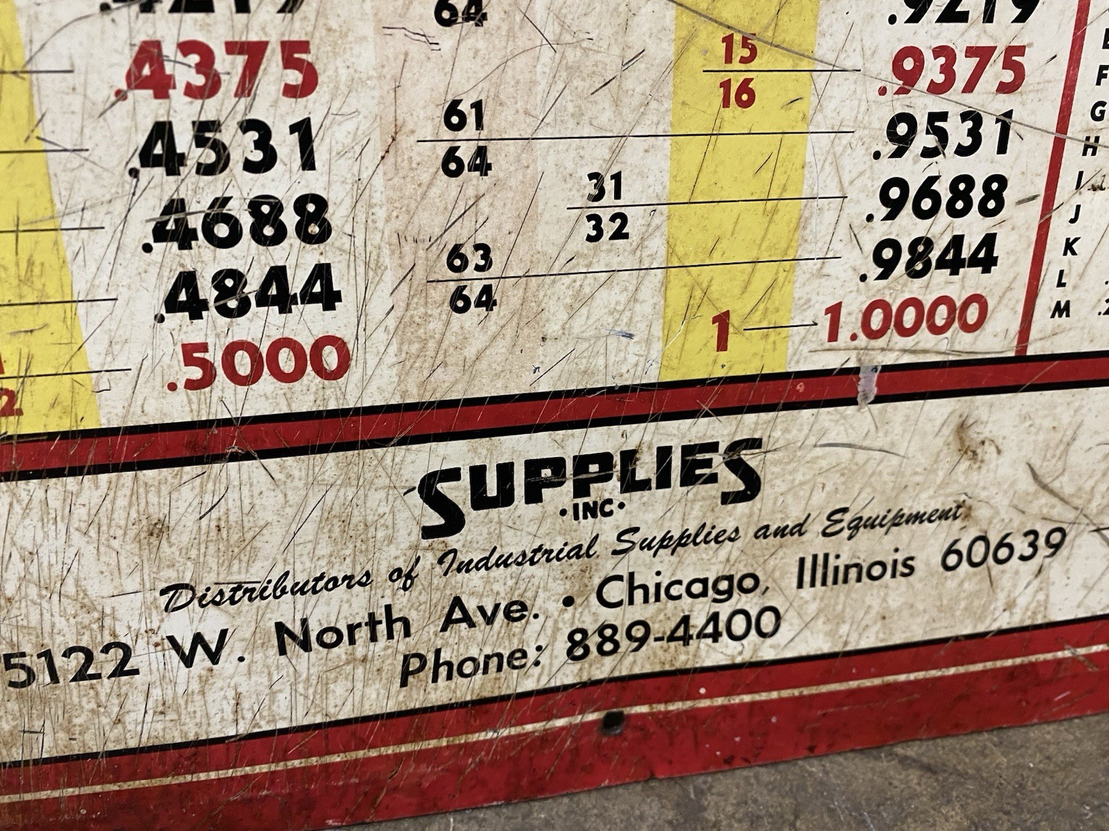 Vintage Union-Card Division Decimal Equivalents Machine Shop Chart ...