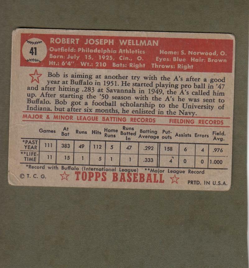 1952 Topps #41 Bob Wellman Athletics G Good RC Rookie | eBay