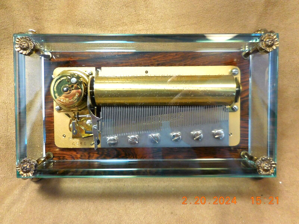 VTG REUGE 72 NOTE BRONZE DOLPHIN FOOTED CRYSTAL BOX W/ ROSEWOOD BASE ...