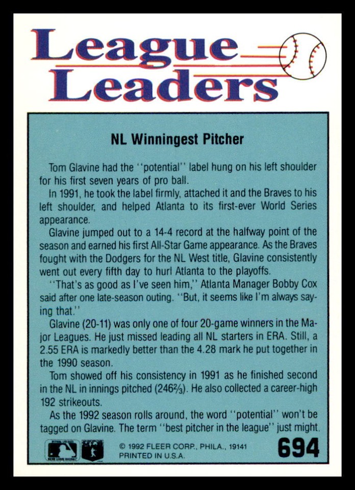 1992 Fleer #694a Tom Glavine | eBay