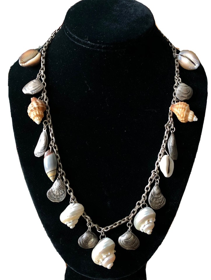 ILARIA PERU STERLING SILVER NECKLACE 925 SEASHELL SHELL BIB CHARM CHAIN ...