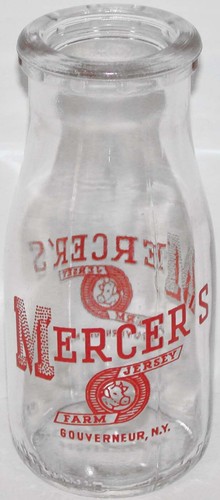 Vintage milk bottle MERCER JERSEY FARM round pyro half pint Gouverneur ...