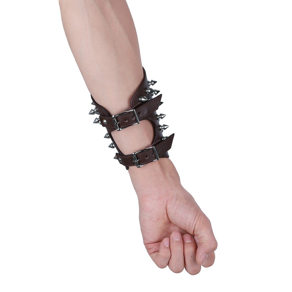 Unisex Faux Leather Gauntlet Wristband Bracer Metal Spike Studded Arm ...