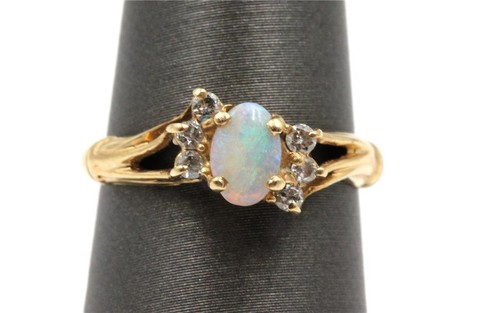 GORGEOUS ESTATE 14K SOLID GOLD OPAL & 6 NATURAL DIAMONDS SIZE 5 MAGIC ...