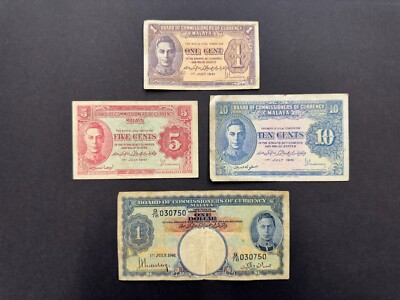 Rare Malaya Dollar / Cents "King George VI" Banknote Set 1941 (4) LOT ...
