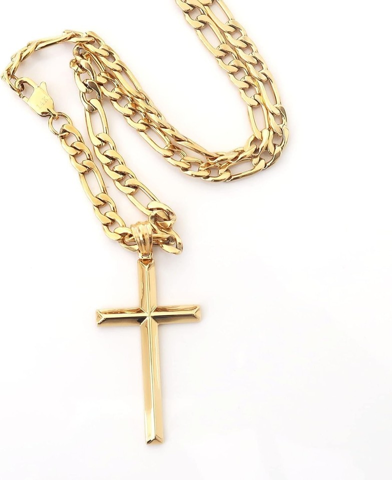 24K Gold Figaro Chain Style Cross Pendant Necklace 5MM Cross Necklace ...
