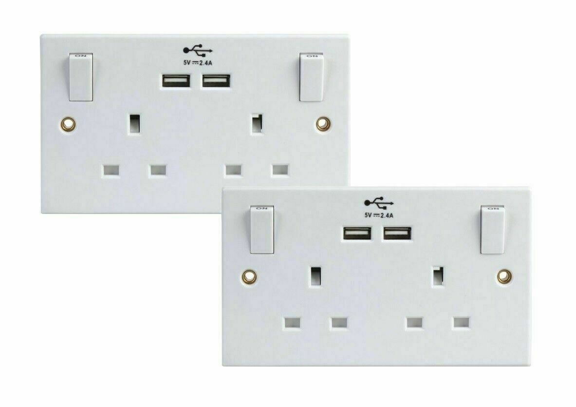 Double Socket 13A UK 2 Gang Port Electric Wall Plug with 2 USB Outlets ...