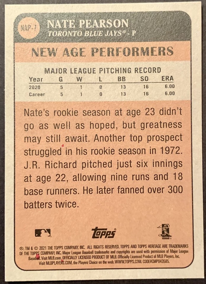 2021 TOPPS HERITAGE NATE PEARSON #NAP-7 NEW AGE PERFORMERS ROOKIE RC ...