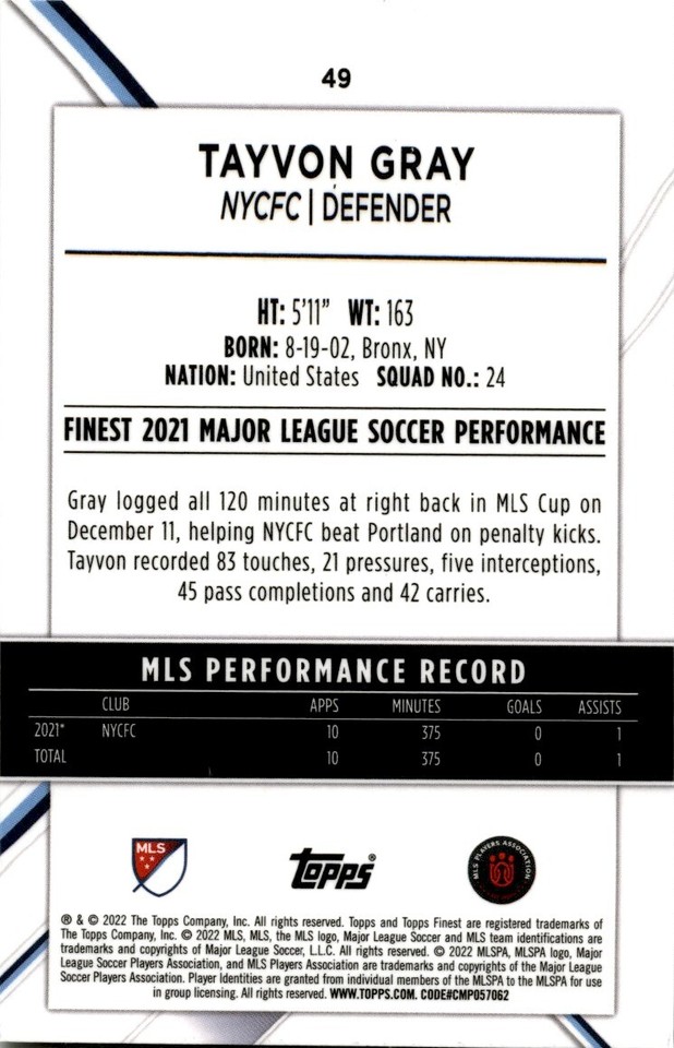 2022 Topps Finest MLS Tayvon Gray New York City FC #49 | eBay