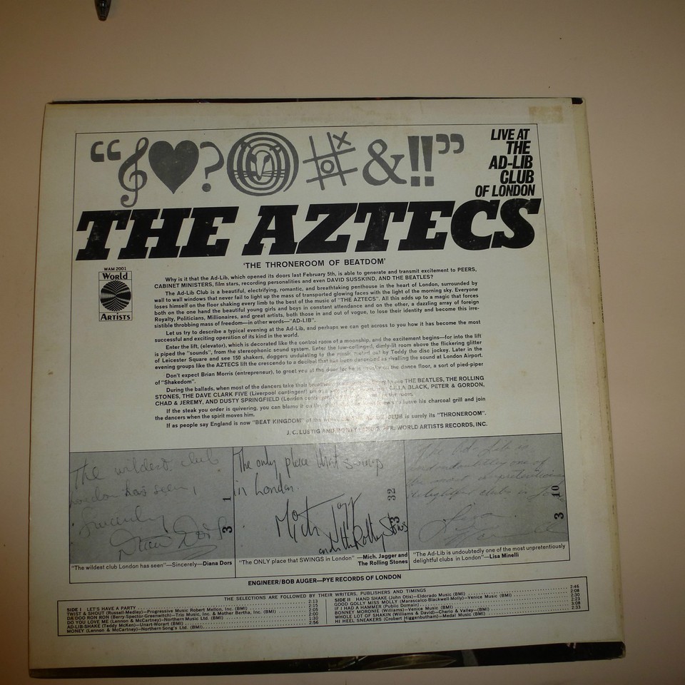 ROCK & ROLL 33RPM 12" LP RECORD - THE AZTECS LIVE AT THE AD LIB CLUB ...
