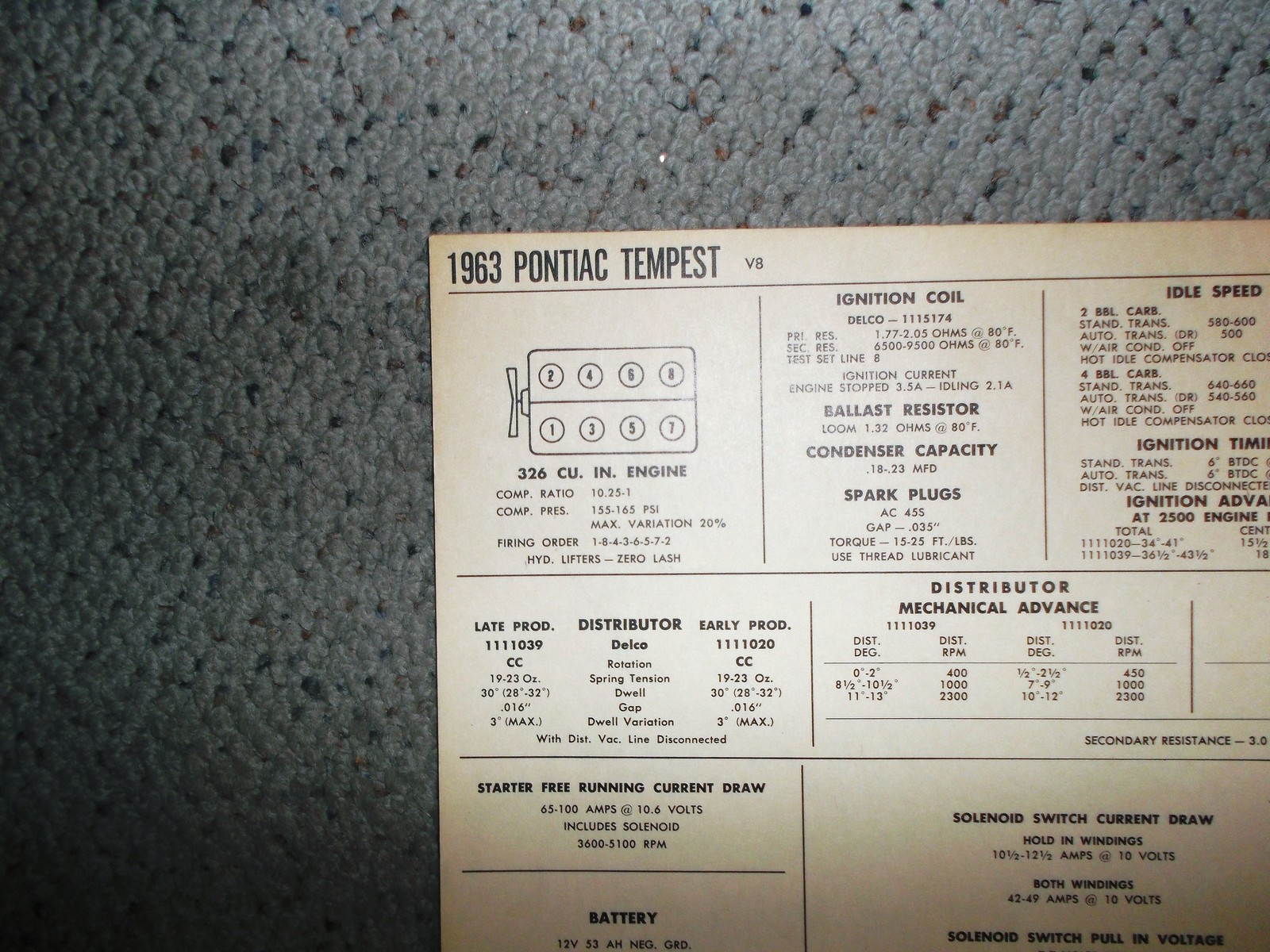 1963 Pontiac Tempest All Models 326 CI V8 SUN Tune Up Chart Excellent ...