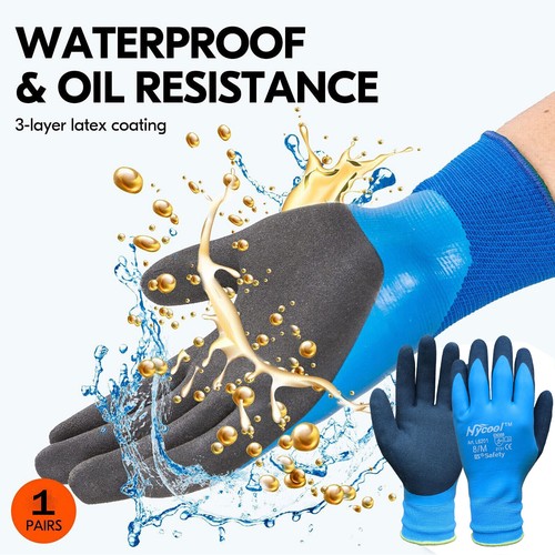 Waterproof Work Gloves Blue Fully Latex Coated Mens Builders ...
