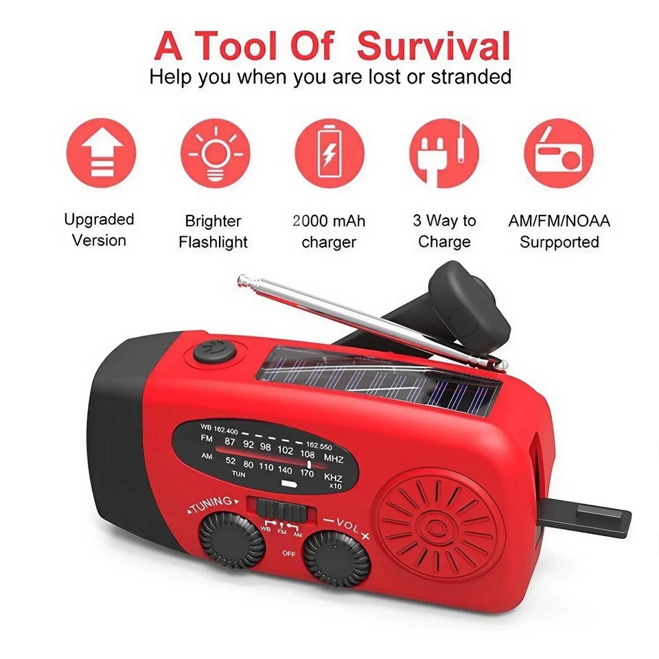 Emergency Wind Up Radio Hand Crank Solar AM/FM Power Bank Charger LED ...