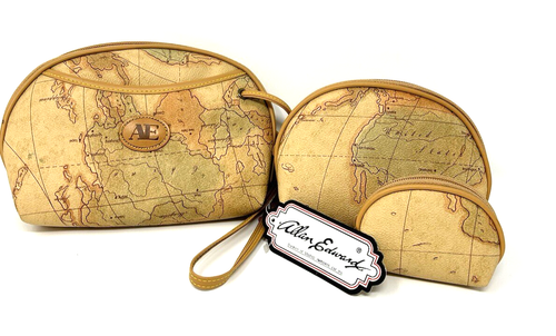 Allan Edward World Map Tan Crossbody 9" x 6 " x 2" Handbag Leather trim ...