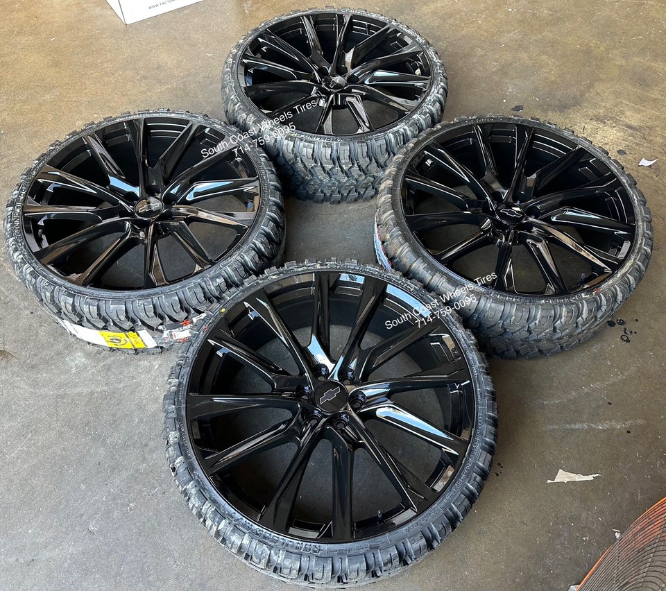 24” ESCALADE FR98 BLACK WHEELS Silverado Tahoe Yukon Sierra 33” MT Mud ...