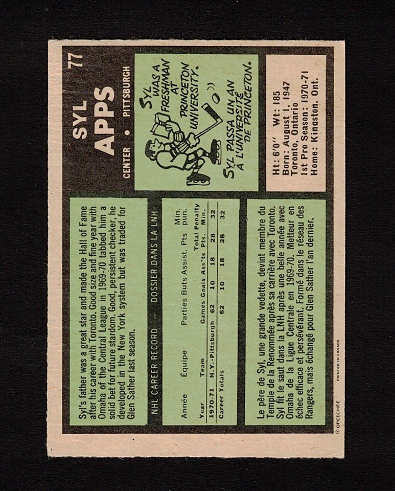 1971-72 SYL APPS #77 ROOKIE OPC * HIGH Scoring Star Famous Family ...