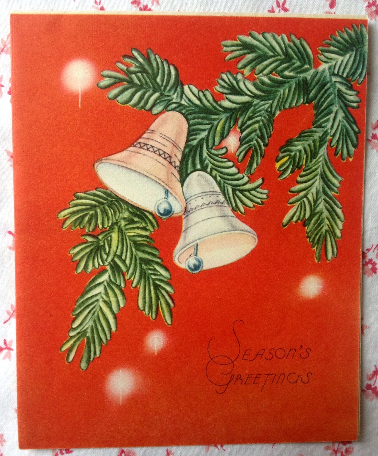 Vintage 1940s Red Christmas Card Holiday Bells on Pine Branches | eBay