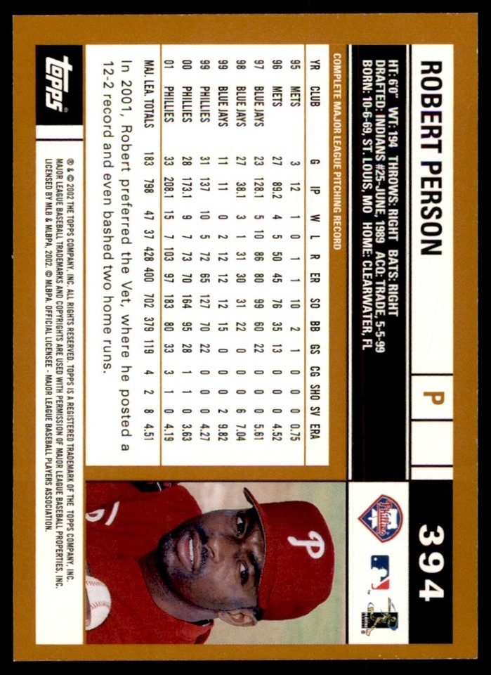 2002 Mint * Topps ^ Robert Person Philadelphia Phillies #394 | eBay