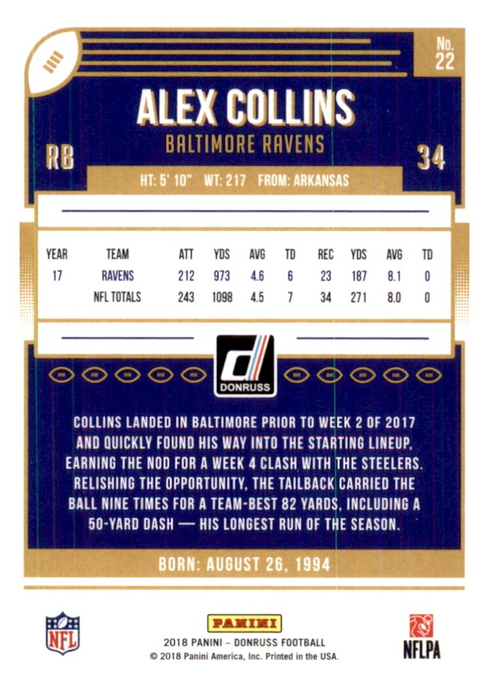 2018 Donruss Alex Collins NFL PWE Base Card Ravens #22 | eBay
