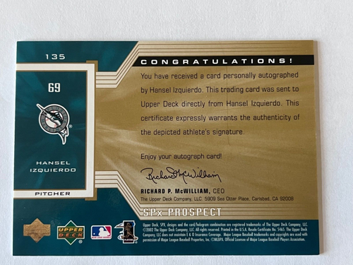 2002 SPx Prospect #135, HANSEL IZQUIEDO (RC), (Auto), Mint, *Marlins ...