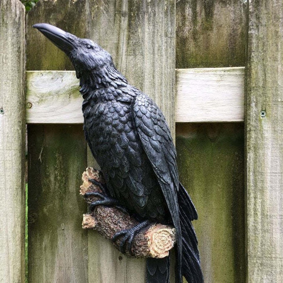 Black Standing Crows Perch Wall Sculpture Garden Ornaments Resin Raven ...
