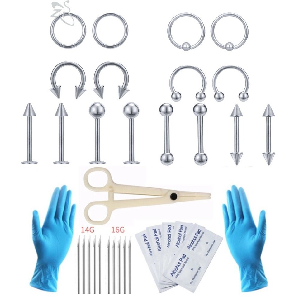 37Pcs Stainless Steel Body Piercing Tool Kit for Eyebrow Ear Nose Helix ...